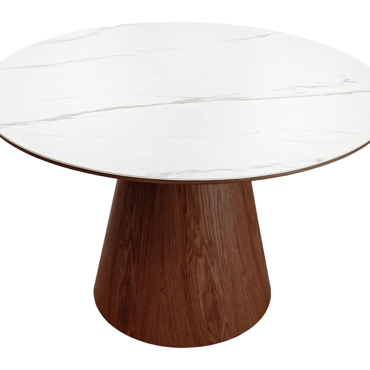 Dining table UNIQUE 120cm round walnut wood verneered ceramic white ma ...