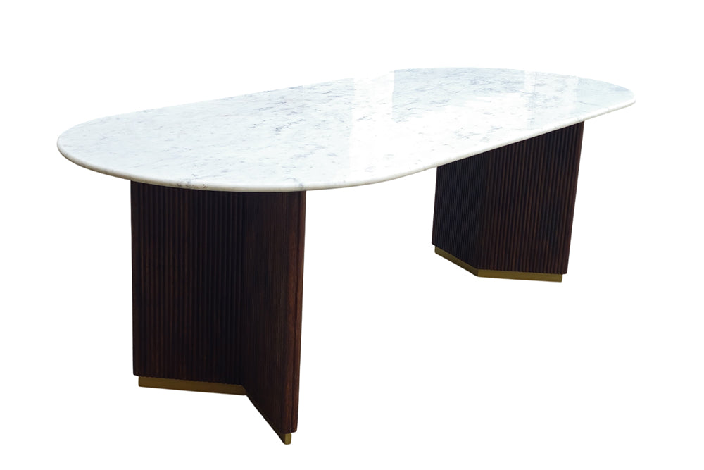 Dining table GATSBY 240cm oval mango wood v-shape frame marble top whi ...